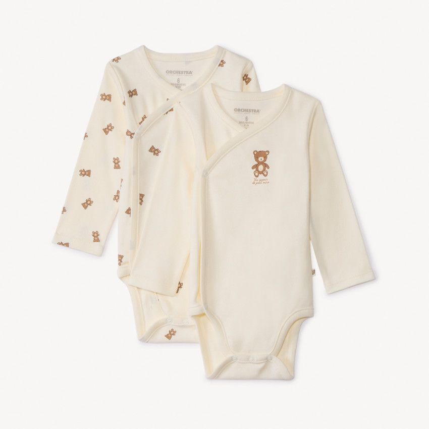 Orchestra Set of 2 long-sleeved teddy bear bodysuits for baby Ecru - 9 ...